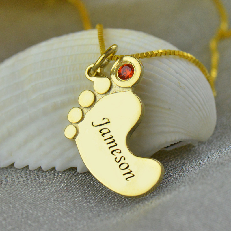 Charming Gold Mom Jewelry Engraved Baby Feet with Birthstone name ...