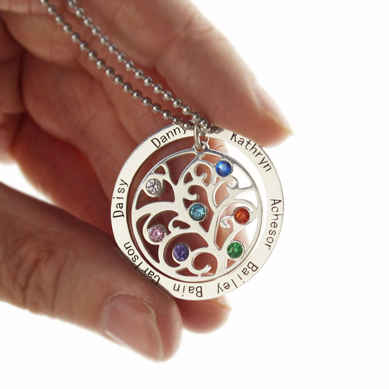 Personalized Sterling Silver Family Tree Birthstone Name Necklace Personalized Sterling Silver Family Tree Birthstone Name Necklace